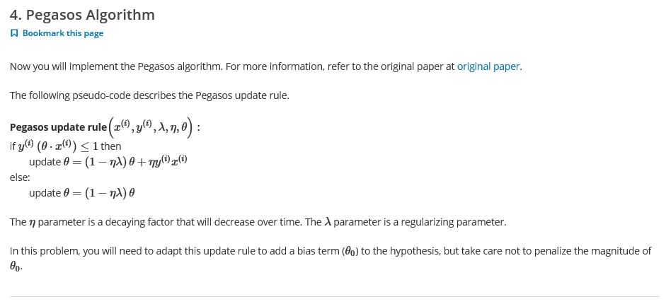 4. Pegasos Algorithm Bookmark this page Now you will | Chegg.com