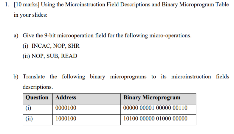 Solved 1. [10 marks] Using the Microinstruction Field | Chegg.com
