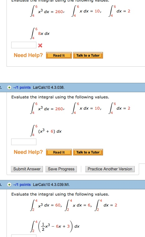 Solved x3 dx 260, x dx = 10, dx = 2 8x dx Need Help? Rad E | Chegg.com