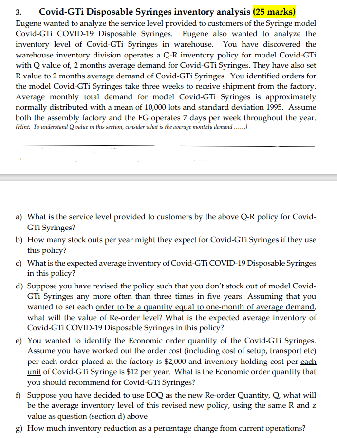 3. Covid-GTi Disposable Syringes inventory analysis | Chegg.com