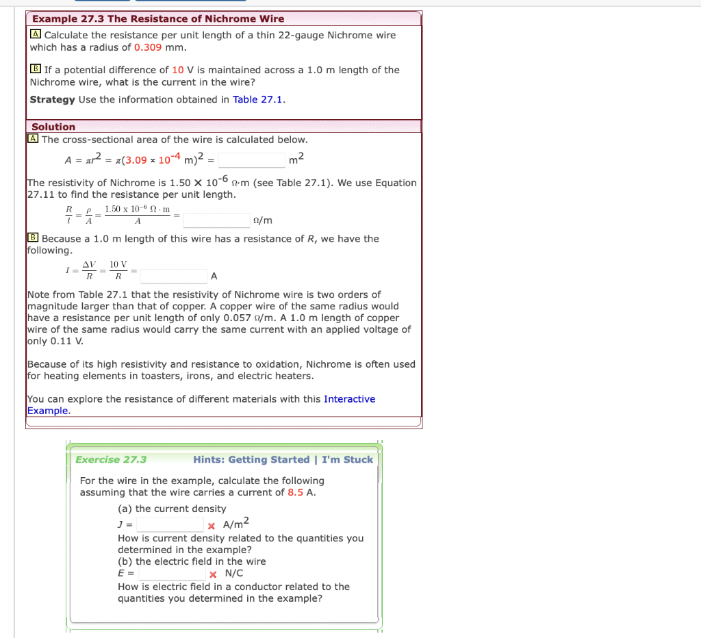 Solved Example 27.3 The Resistance of Nichrome Wire A | Chegg.com