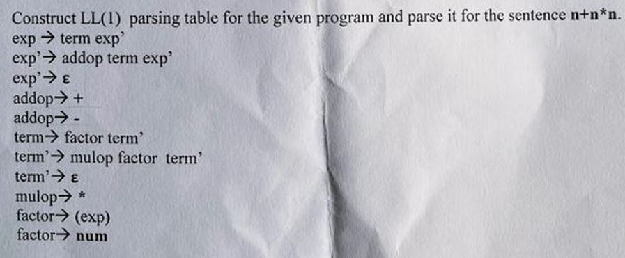 Solved Construct LL(1) parsing table for the given program | Chegg.com