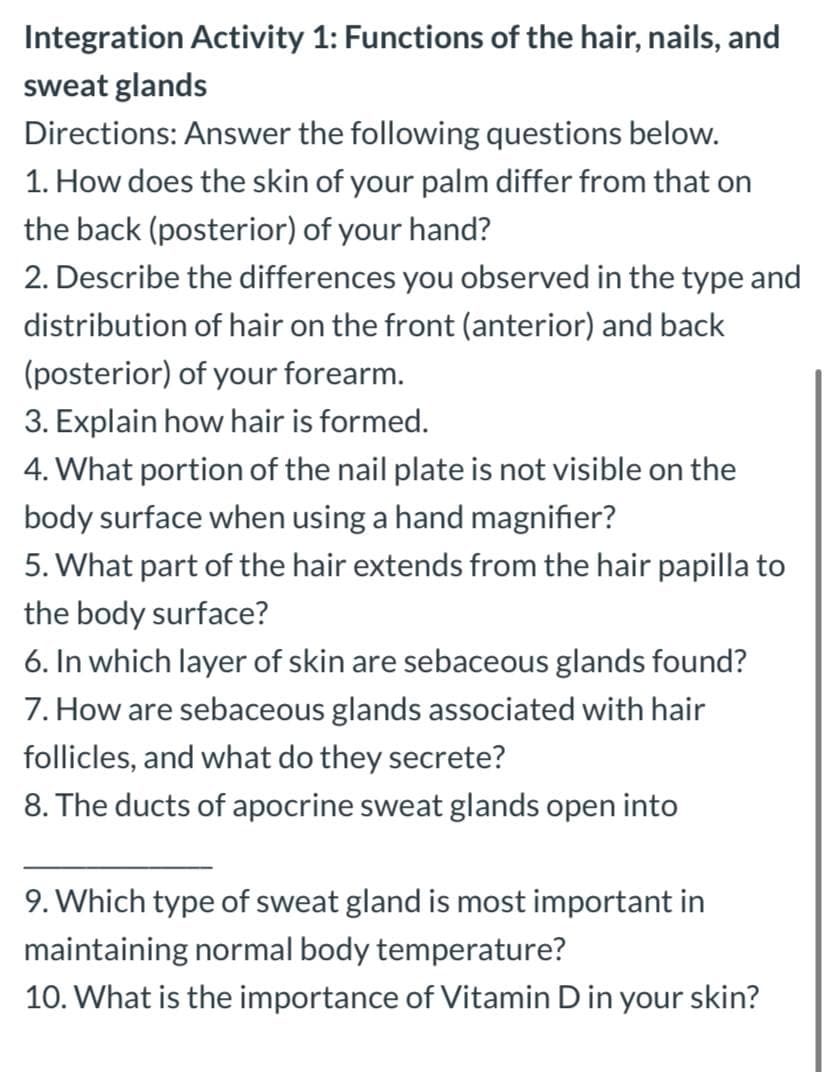 Solved Integration Activity 1: Functions of the hair, nails, | Chegg.com