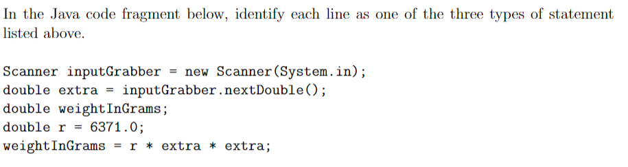 Solved In the Java code fragment below, identify each line | Chegg.com