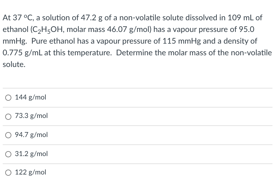 Solved At 37 °C, a solution of 47.2 g of a non-volatile | Chegg.com