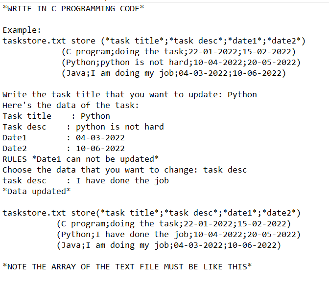 *WRITE IN C PROGRAMMING CODE* Example: taskstore.txt | Chegg.com