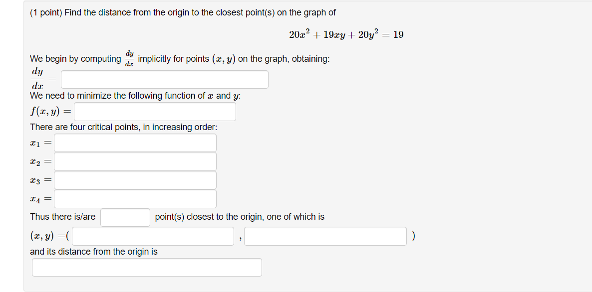 Solved (1 point) Find the distance from the origin to the | Chegg.com