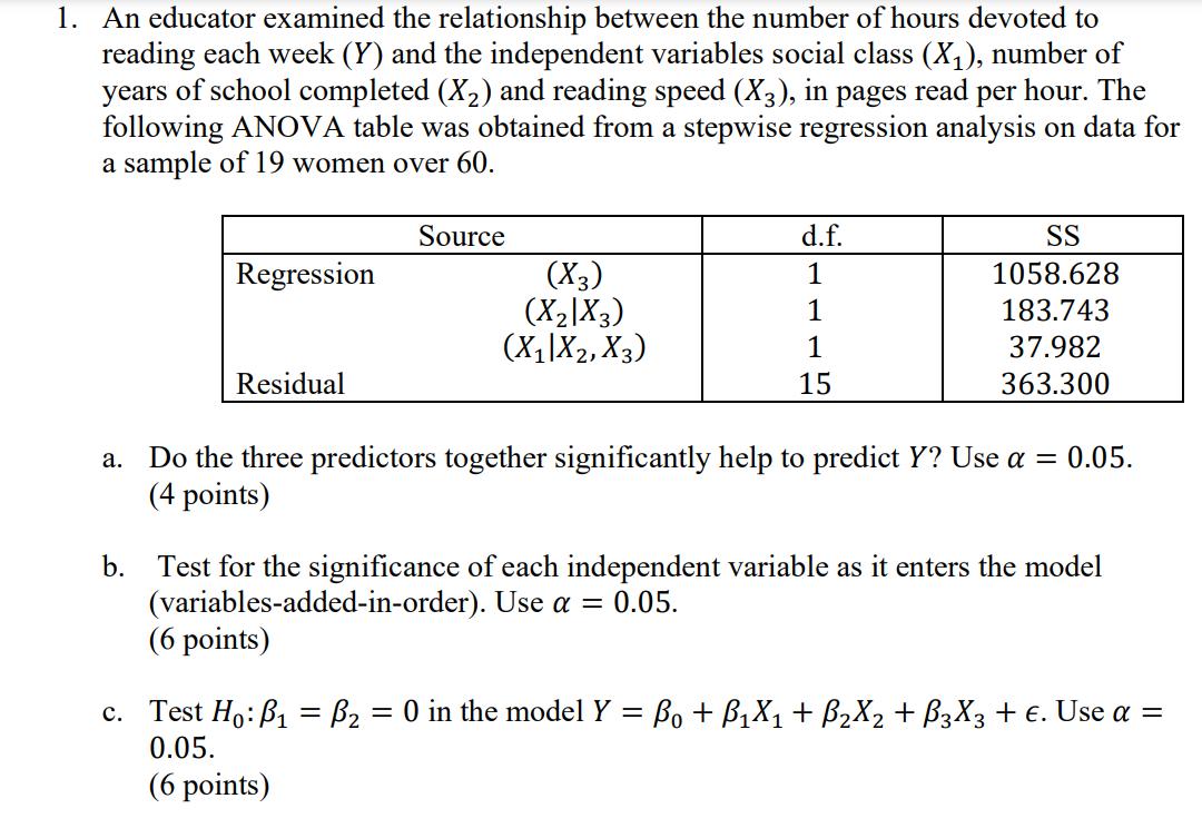 Solved 1. An educator examined the relationship between the | Chegg.com