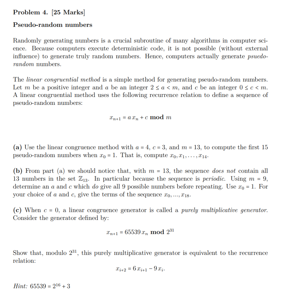 Solved Problem 4 25 Marks Pseudo Random Numbers Randomly 