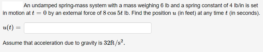 Solved An undamped spring-mass system with a mass weighing 6 | Chegg.com