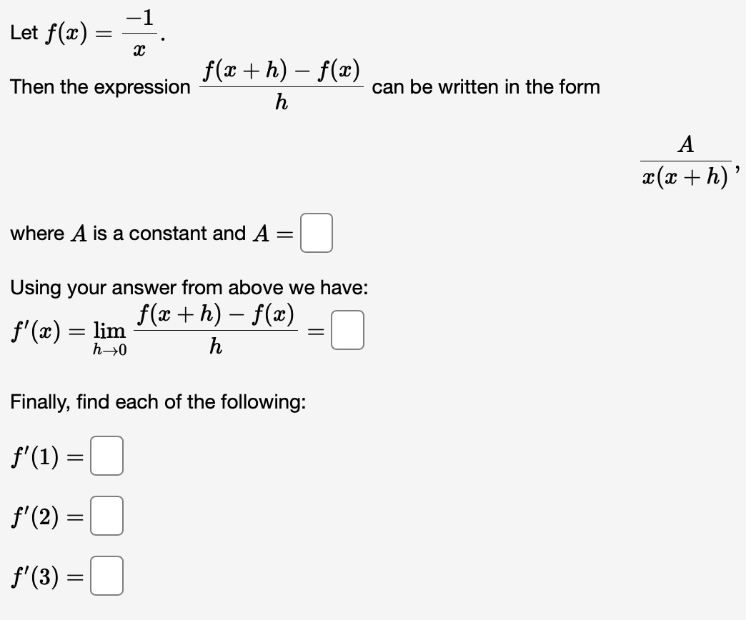 Solved Let f(x)=-1x.Then the expression f(x+h)-f(x)h can be | Chegg.com Solved Let f(x)=-1x.Then the expression f(x+h)-f(x)h can be | Chegg.com