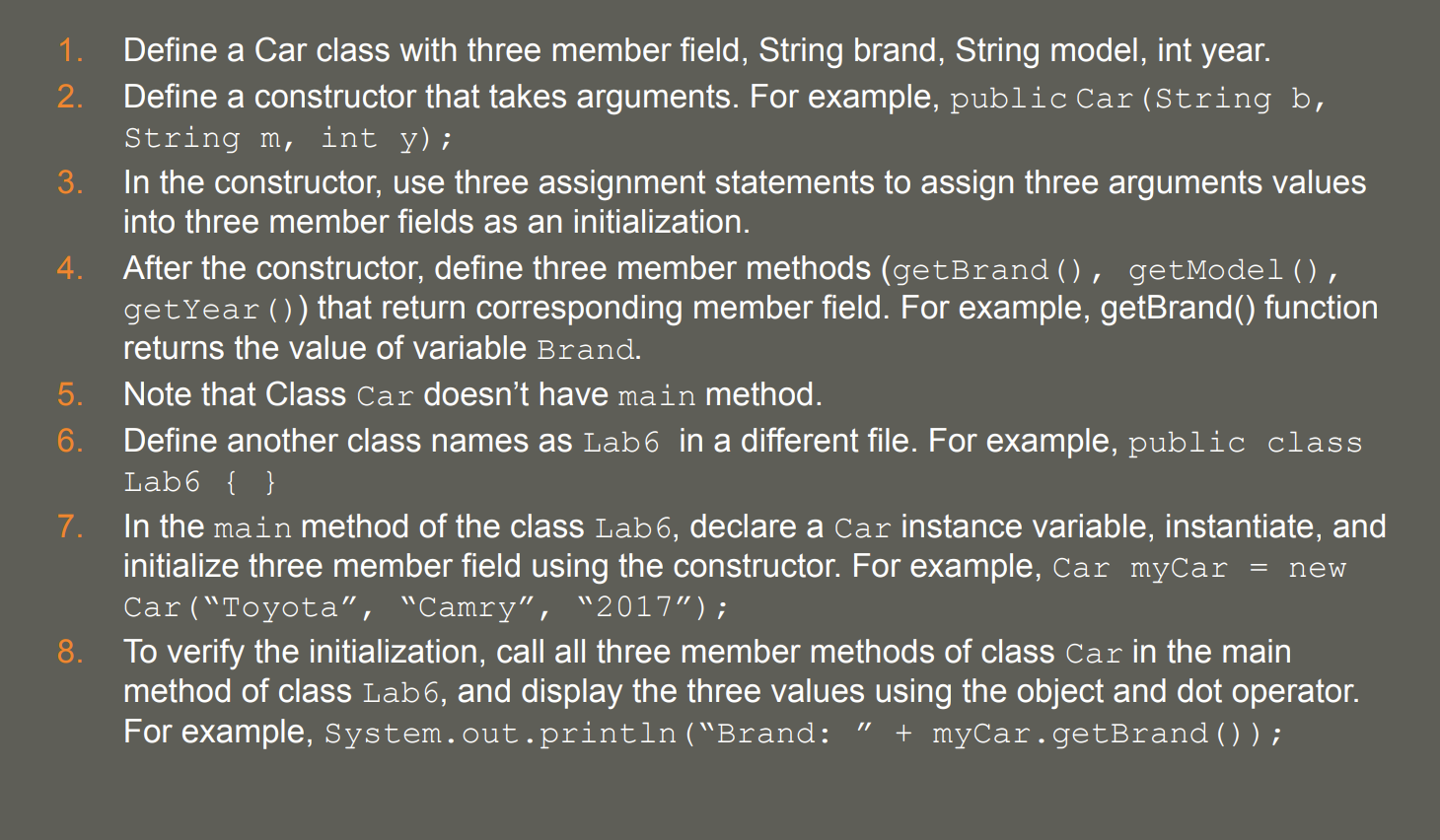 Solved 1. Define a Car class with three member field, String | Chegg.com