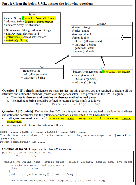 Solved Part I: Given the below UML, answer the following | Chegg.com