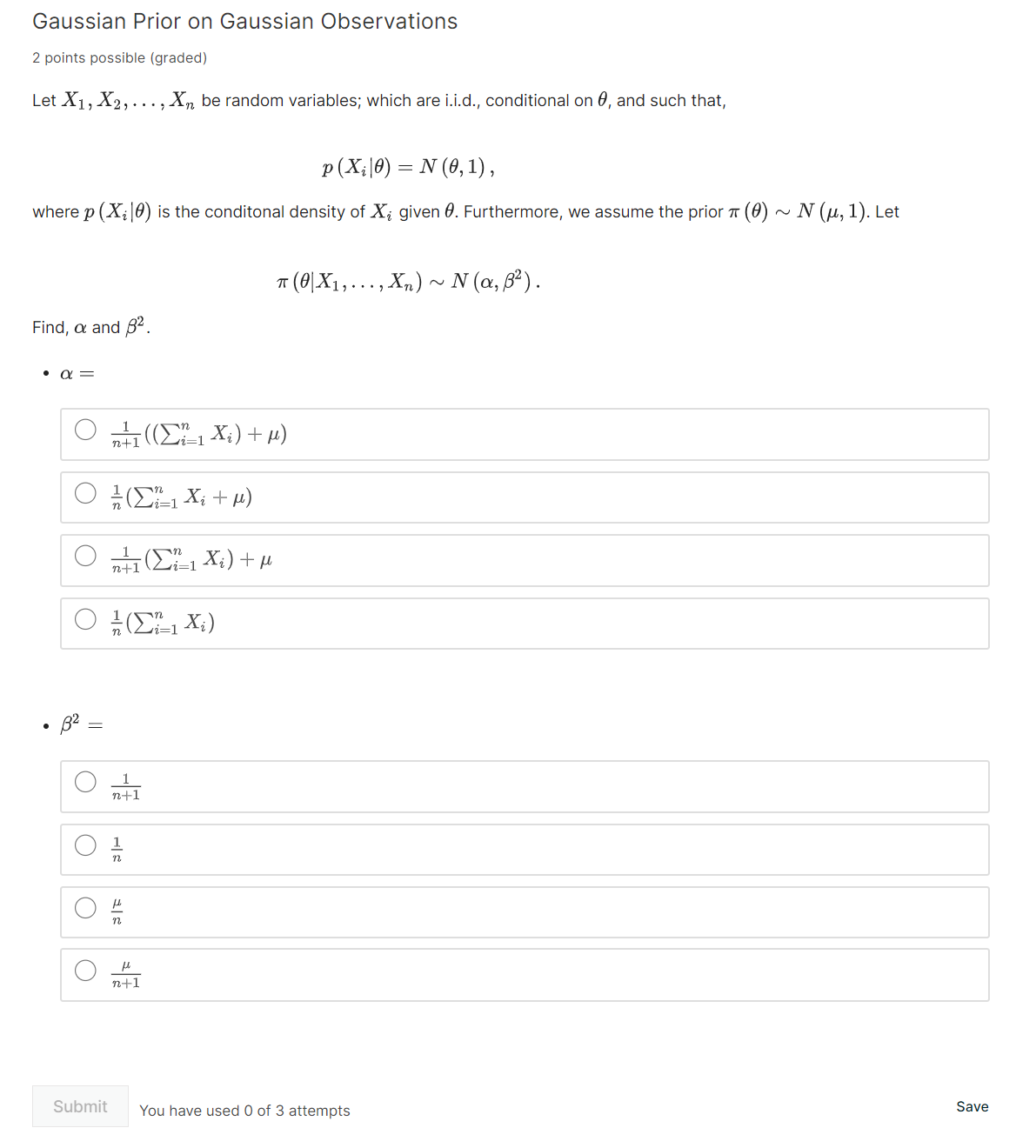 Solved Gaussian Prior on Gaussian Observations 2 points | Chegg.com