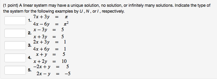 Solved (1 point) A linear system may have a unique solution, | Chegg.com
