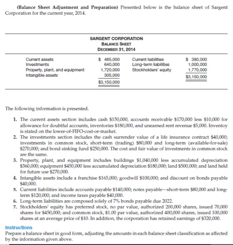 Solved (Balance Sheet Adjustment and Preparation) Presented | Chegg.com