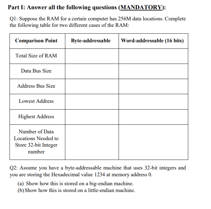 Solved Part I: Answer all the following questions | Chegg.com
