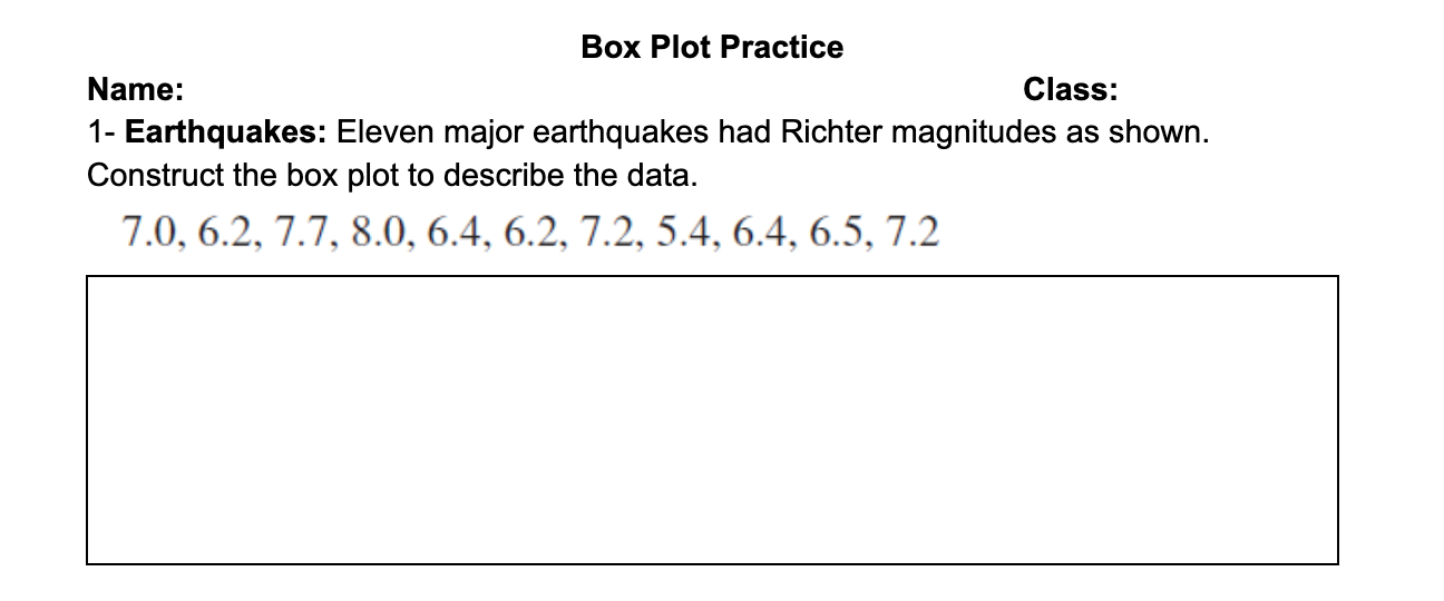 Solved Box Plot Practice Name: Class: 1- Earthquakes: Eleven | Chegg.com