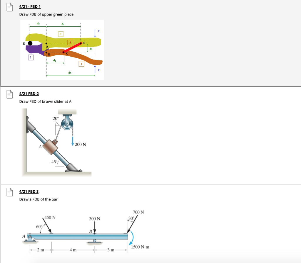 Solved 4/21 - FBD 1 Draw FDB of upper green piece | Chegg.com