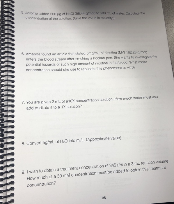 Solved 5, Jerome added 500 ㎍ of NaCl (5844 g/mol) to 100 mL | Chegg.com