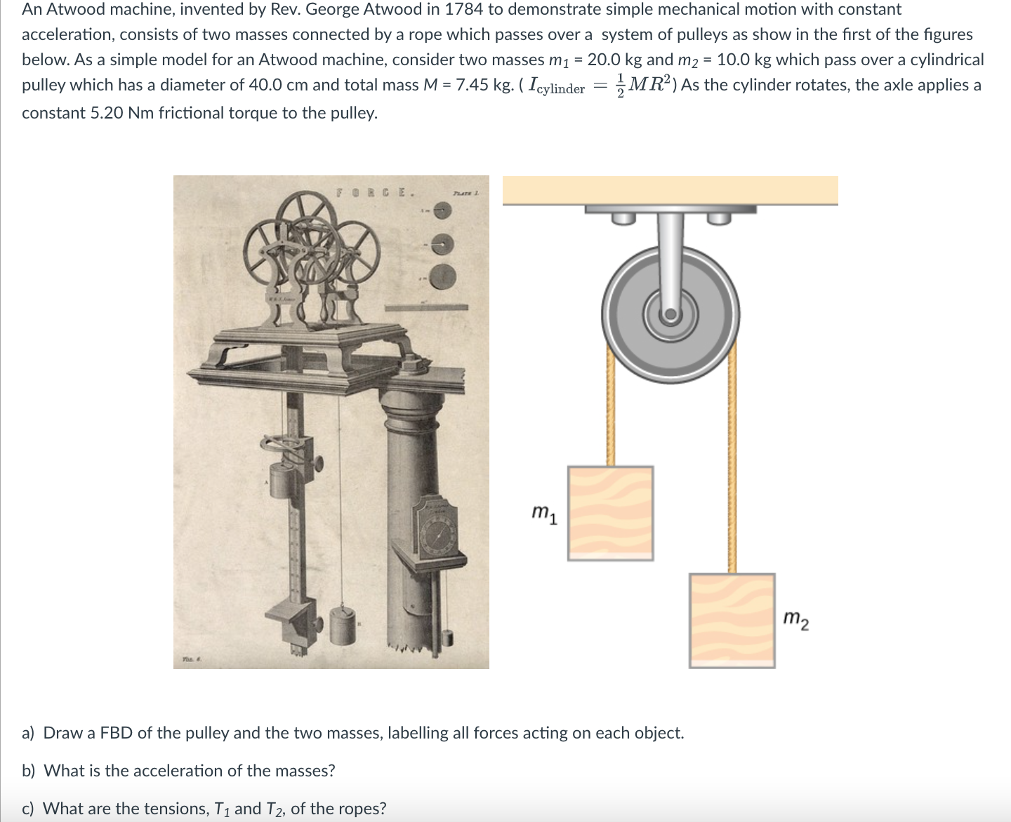 Solved An Atwood machine, invented by Rev. George Atwood in | Chegg.com