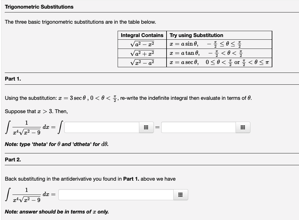Solved Trigonometric Substitutions The three basic | Chegg.com