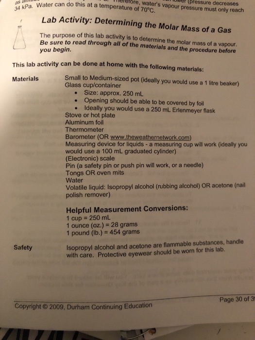 Solved Chemistry lab on MOlar mass of a gas and the | Chegg.com