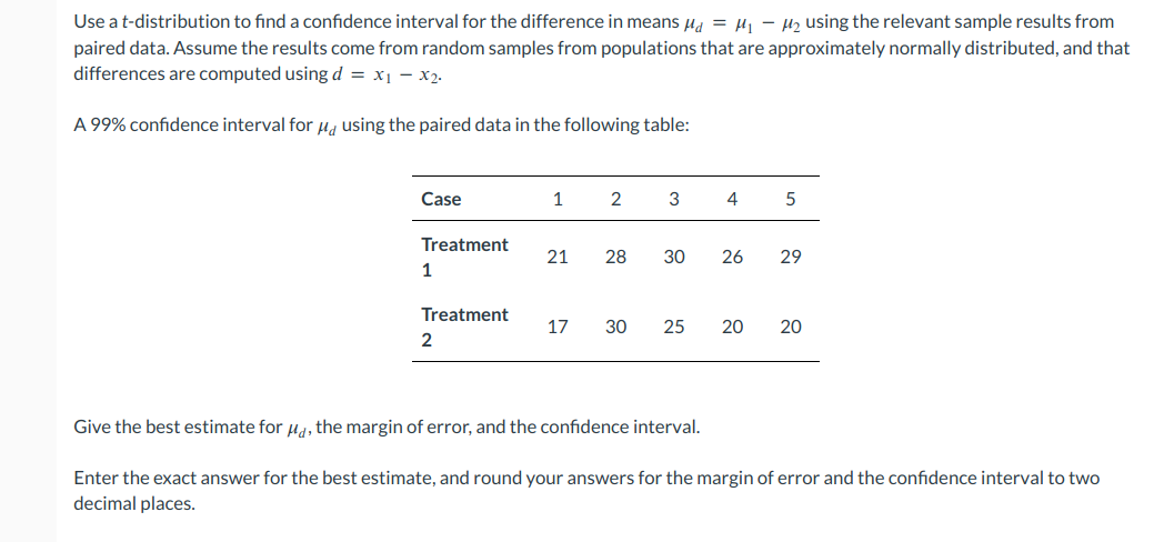 Solved Use a t-distribution to find a confidence interval | Chegg.com