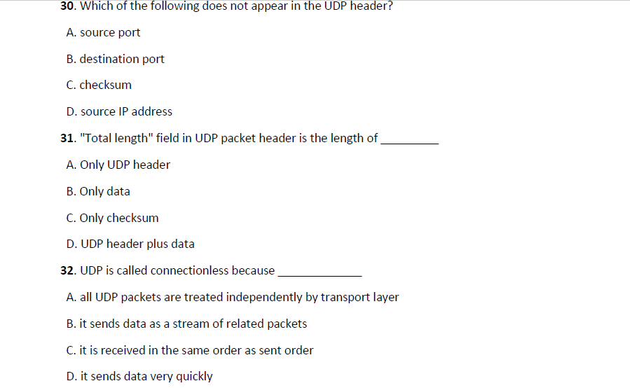 Solved 30. Which of the following does not appear in the UDP | Chegg.com