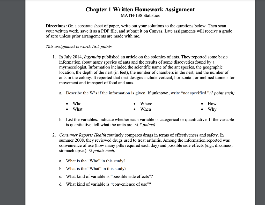 Chapter 1 Written Homework Assignment MATH-138 | Chegg.com