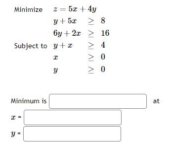 Solved Minimize z=5x+4yy+5x≥86y+2x≥16 ﻿Subject | Chegg.com