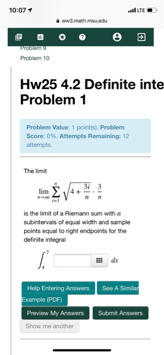 Solved 10:07イ LTE Problem 10 Hw25 4.2 Definite inte Problem | Chegg.com