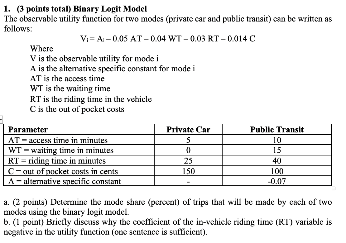 Solved 1. (3 points total) Binary Logit Model The observable | Chegg.com