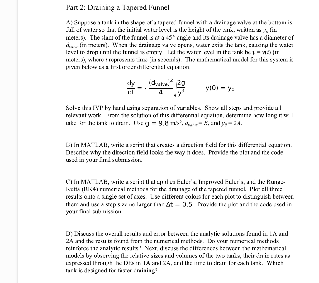 Solved Part 2: Draining a Tapered Funnel A) Suppose a tank | Chegg.com