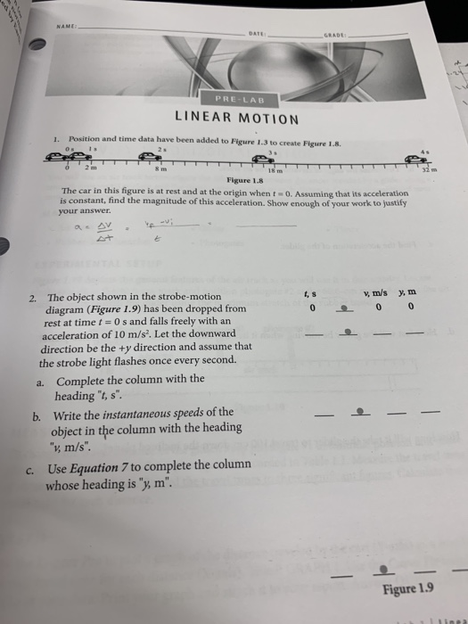 Solved DATE PRE-LAB LINEAR MOTION tion and time data have | Chegg.com