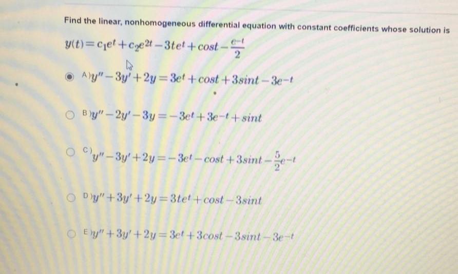Solved Find the linear, nonhomogeneous differential equation | Chegg.com