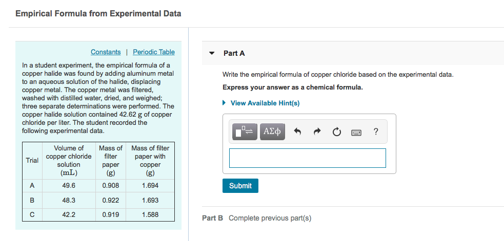 Solved Empirical Formula from Experimental Data Constants| | Chegg.com