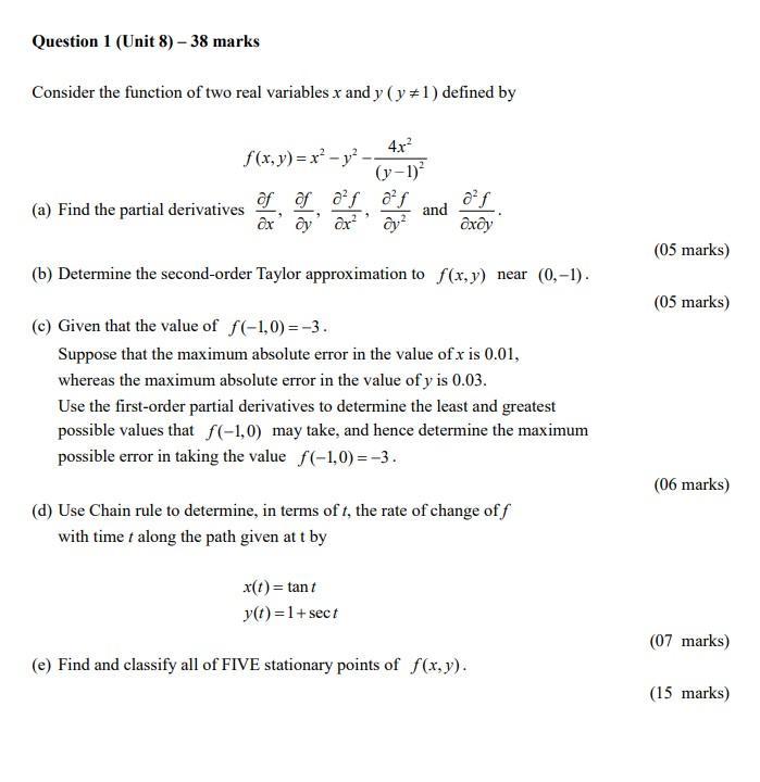 Solved Question 1 (Unit 8) - 38 marks Consider the function | Chegg.com