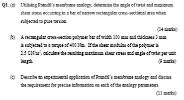 (a) Utilising Prandtl's membrane analogy, determine | Chegg.com