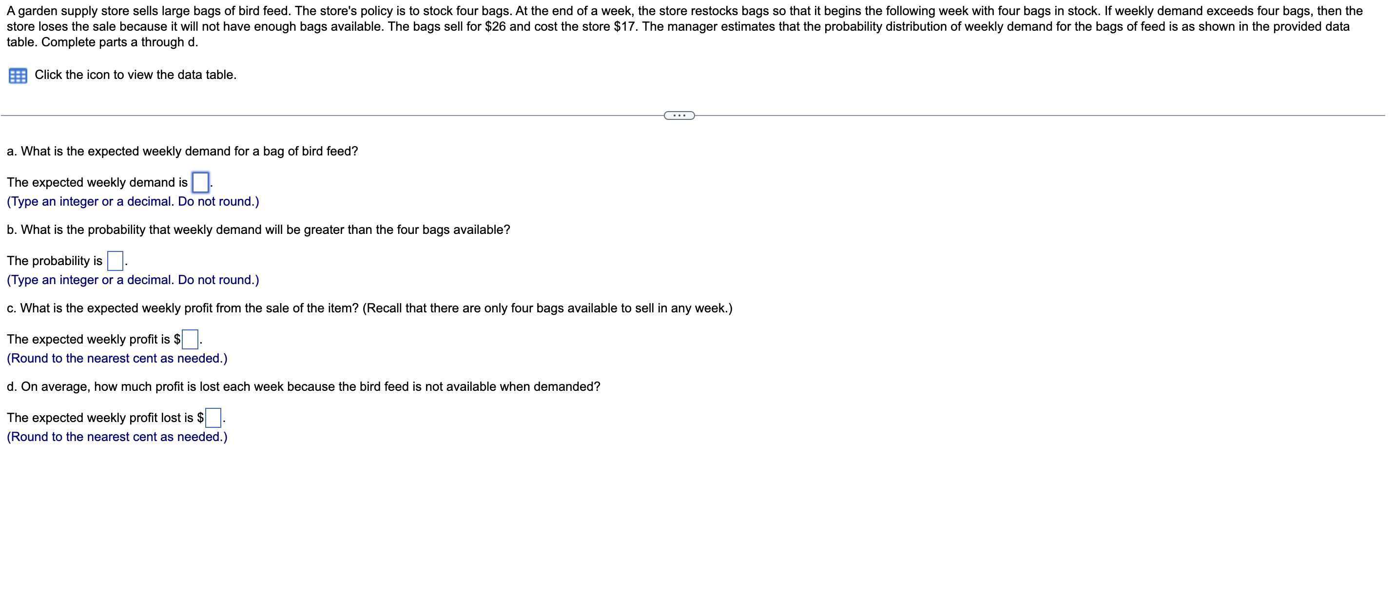 Solved a. What is the expected weekly demand for a bag of | Chegg.com