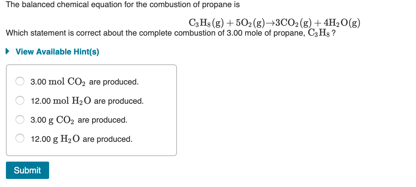 Solved The balanced chemical equation for the combustion of | Chegg.com