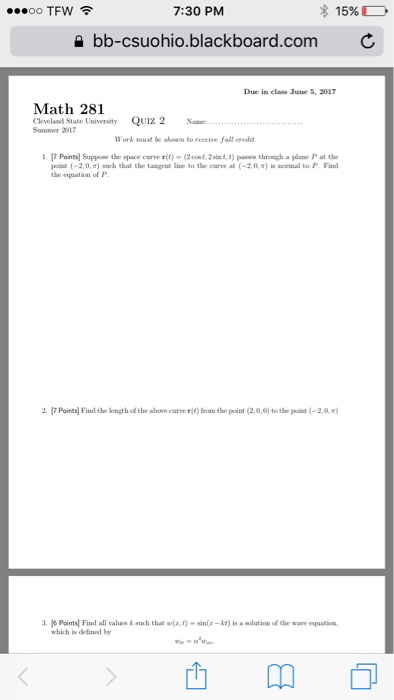 Solved 7:30 PM 15% D oo TFW bb-csuohio blackboard com C Due | Chegg.com