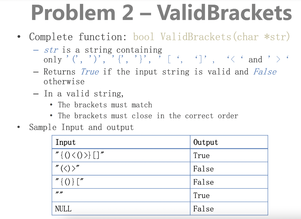 Problem 2 – Valid Brackets . Complete function: bool | Chegg.com