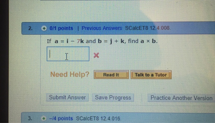 Solved 2. 0/1 points 1 Previous Answers SCalcET8 12.4.008. | Chegg.com