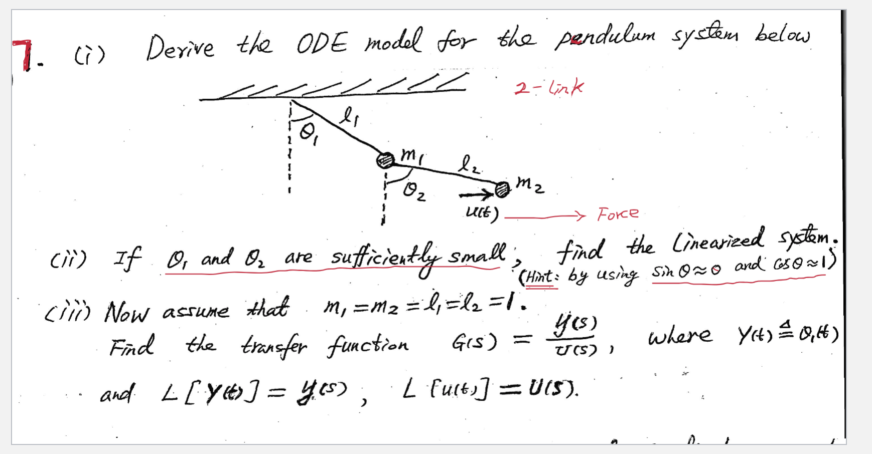 Solved 1. ) Derive the ODE model for the pendulum system | Chegg.com