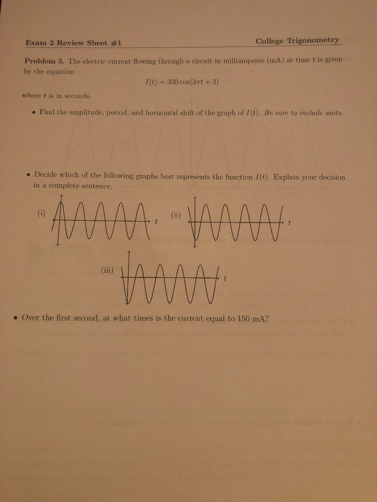 Solved Exam 2 Review Sheet #1 College Trigonometry Problem | Chegg.com