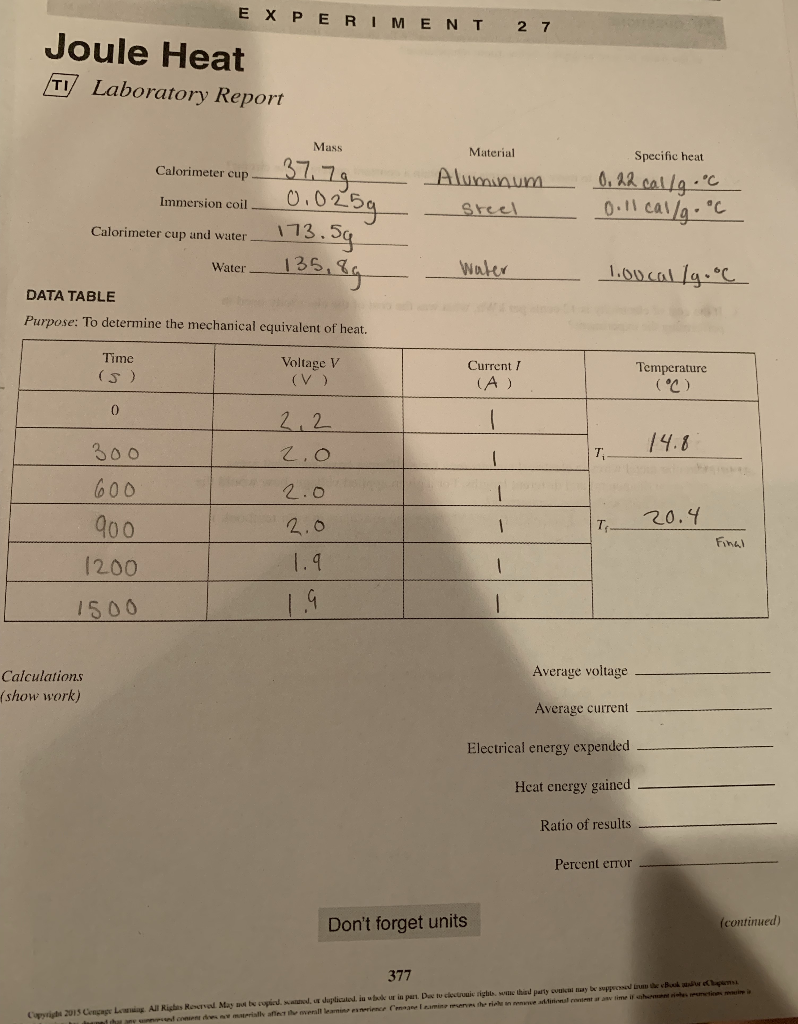 Solved E X P ERIMEN T 2 7 Joule Heat T Laboratory Report | Chegg.com