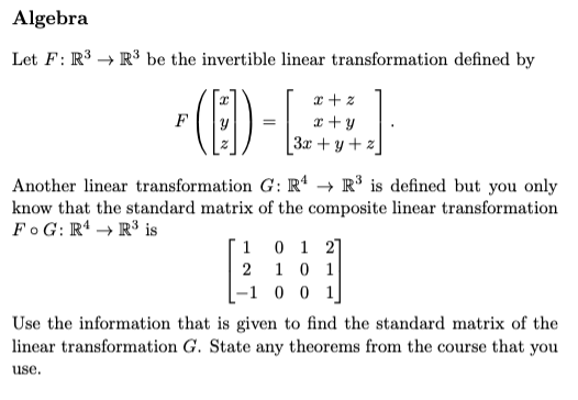 Solved Algebra Let F: R3 R3 be the invertible linear | Chegg.com