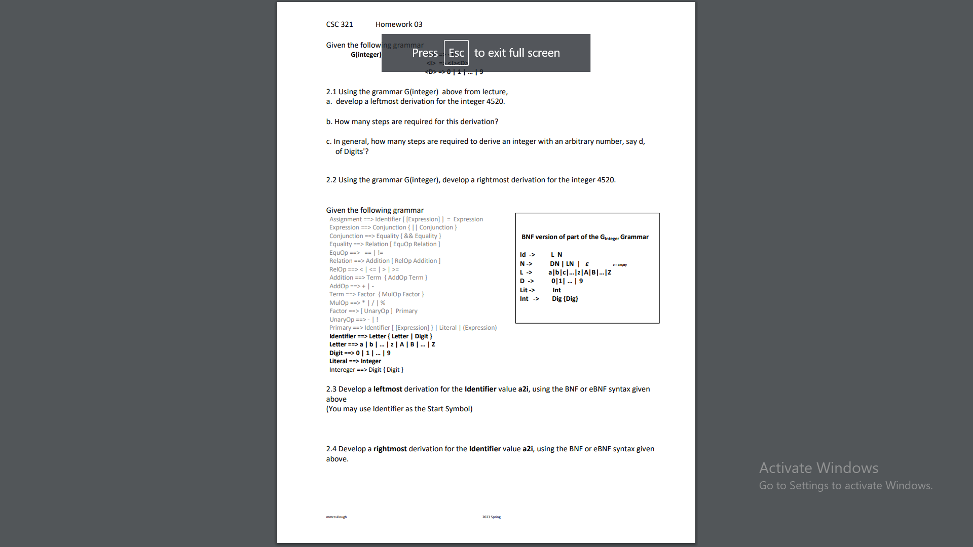 Solved 2.1 Using the grammar G(integer) above from lecture, | Chegg.com