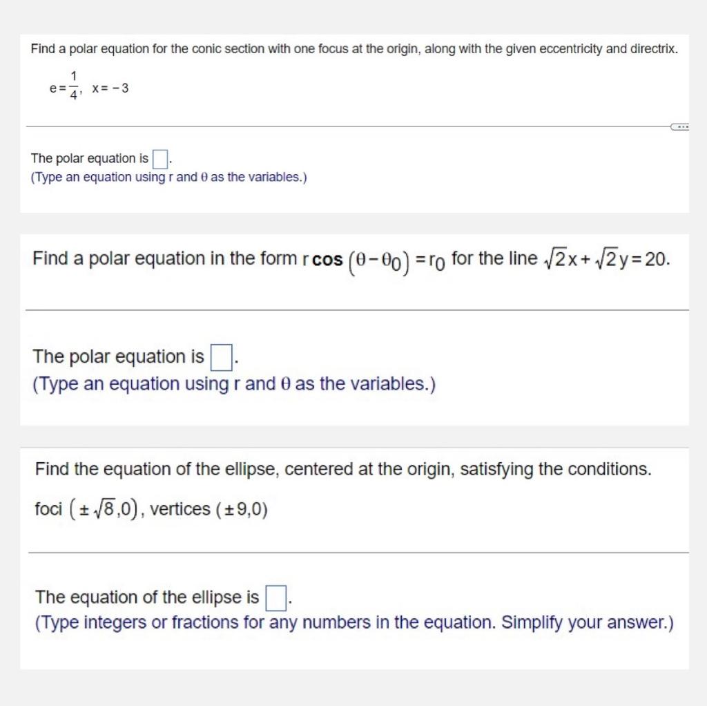 Solved Find a polar equation for the conic section with one | Chegg.com